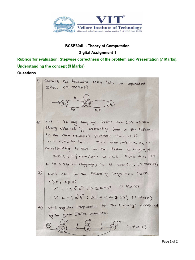 Theory of Computation QP 1 | PDF