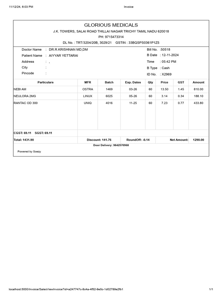 Invoice for Aiyyar - Neulora 2MG Purchase | PDF