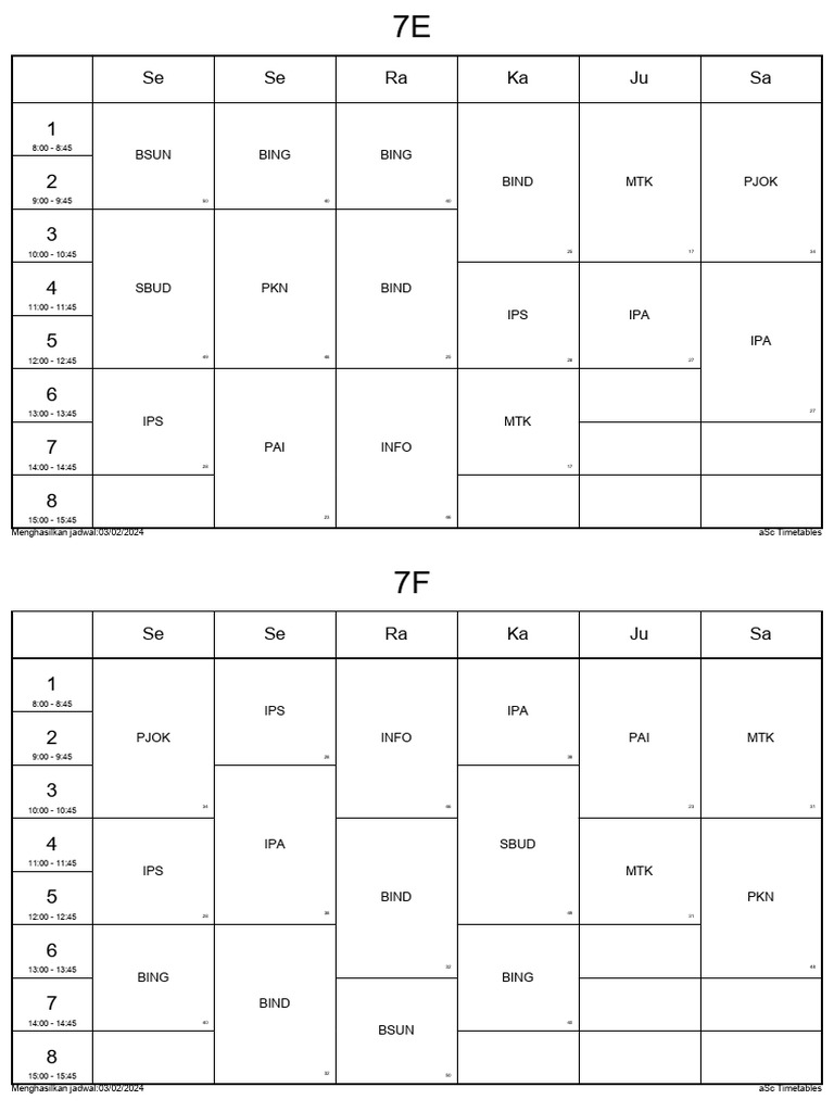 Jadwal Perkelas 7E - 7F | PDF