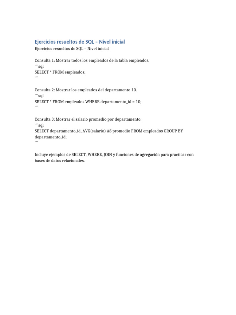 Ejercicios Resueltos de SQL - Nivel | PDF