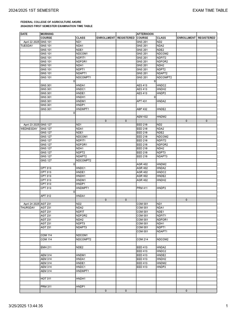 Exam Time Table 2024 - 2025 1ST Semester | PDF | Schools | Educational Stages
