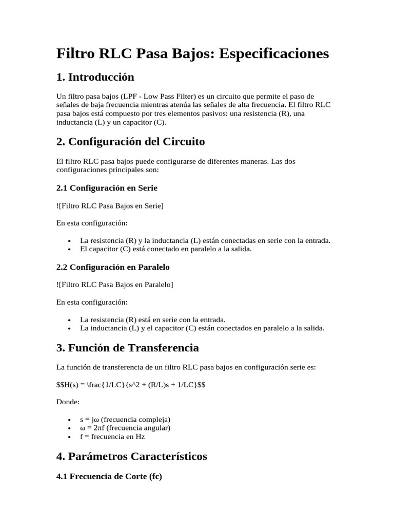 Filtro RLC Pasa Bajos Especificaciones y Ecuaciones de Diseño | PDF ...