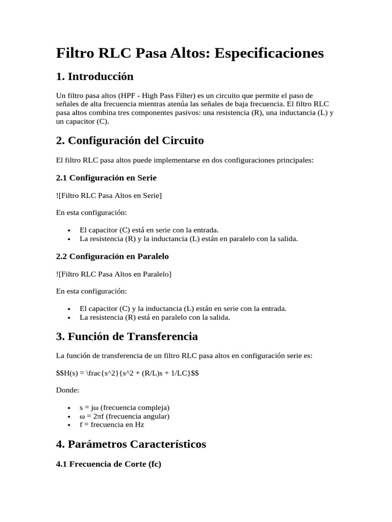 Filtro RLC Pasa Altos Especificaciones y Ecuaciones de Diseño | PDF ...