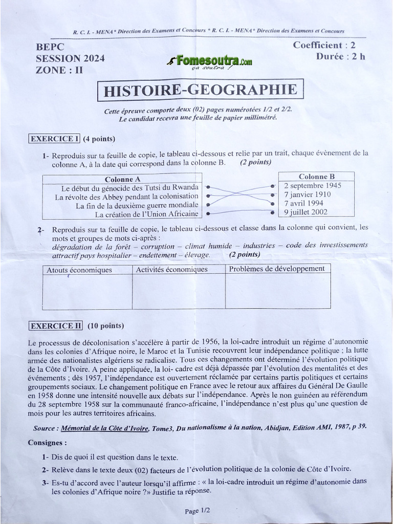 Bepc 2024 Zone 2 Histoire Géographie (1) | PDF