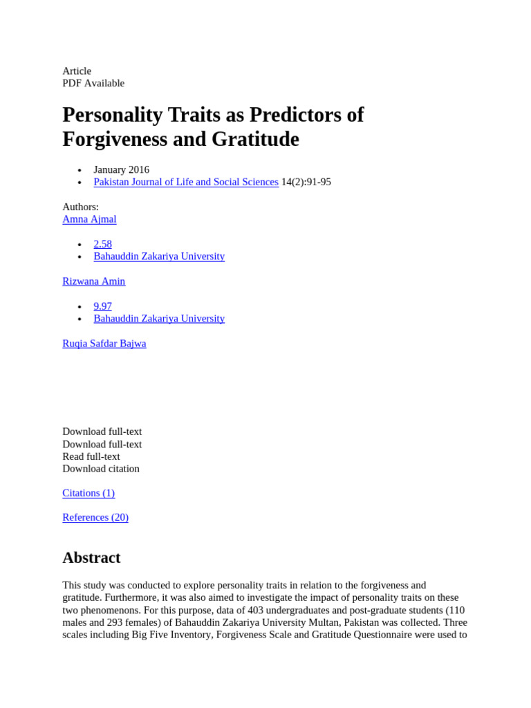 Personality Traits As Predictors of Forgiveness and Gratitude | PDF ...