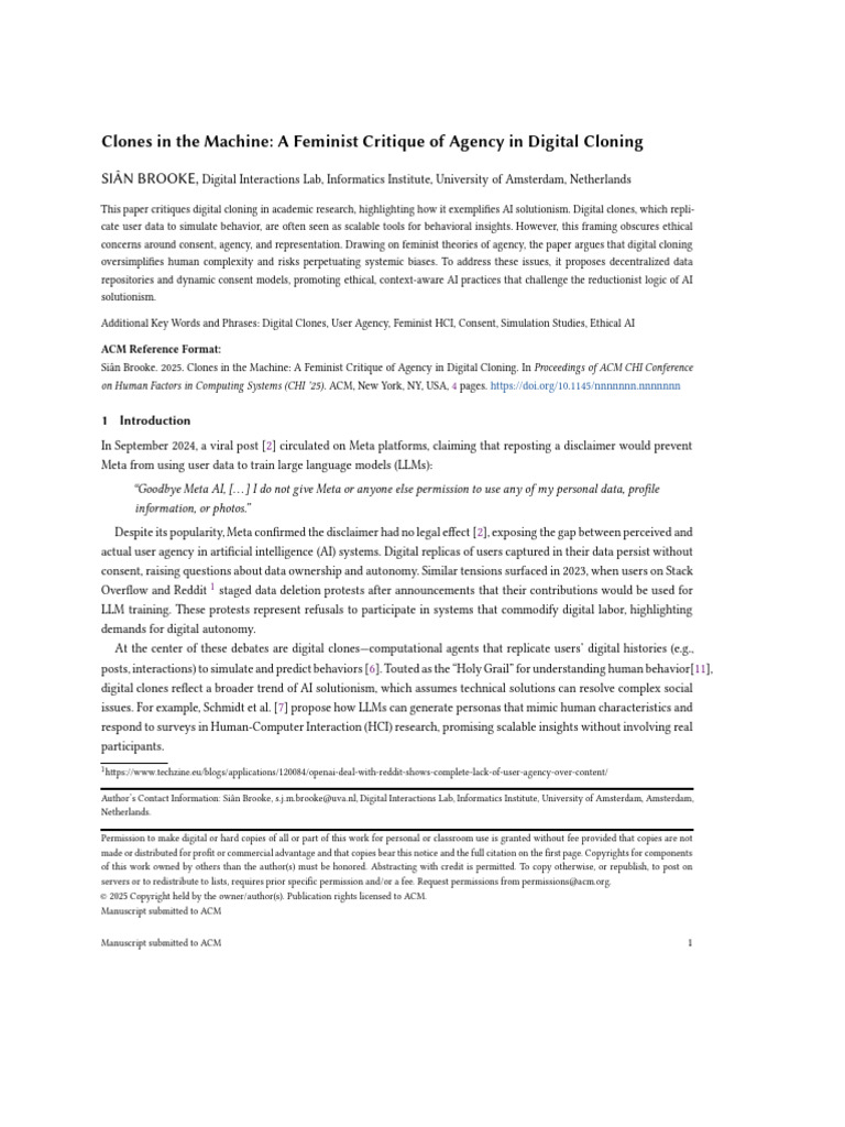 Sian Brooke. Clones in The Machine. A Feminist Critique of Agency in Digital Cloning | PDF ...