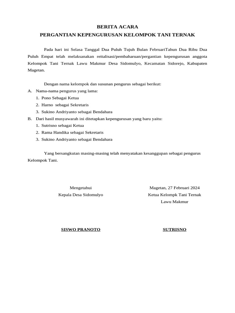 Berita Acara Pergantian Pengurus | PDF