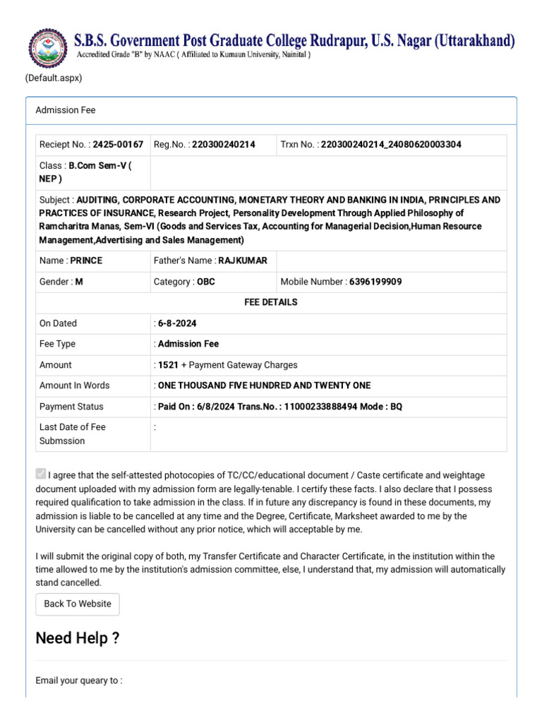 College Admission Fee Receipt Details | PDF