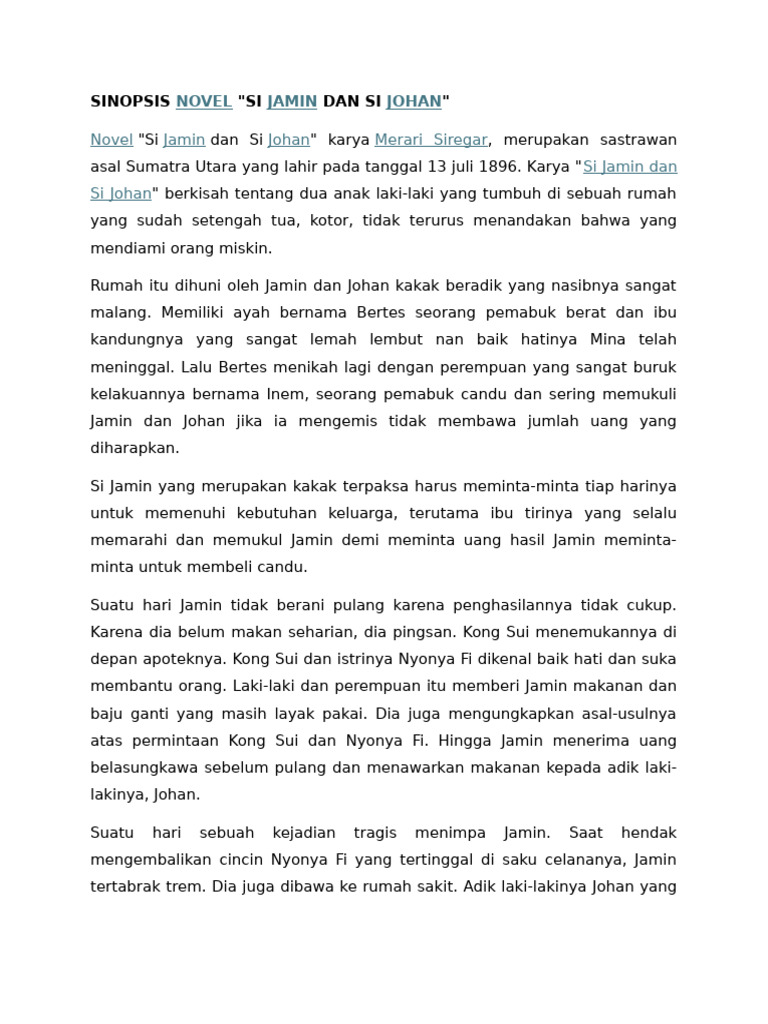 Sinopsis Novel "Si Jamin dan Si Johan" | PDF