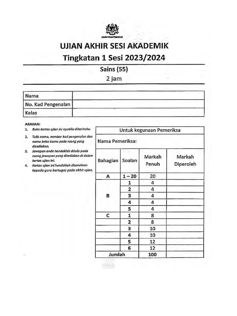 -Tingkatan 1- Kertas Uasa Sains 23_24 | PDF