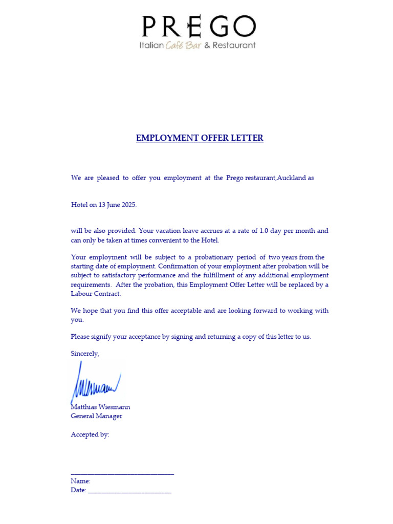 Prego Restaurant Job Offer Letter | PDF