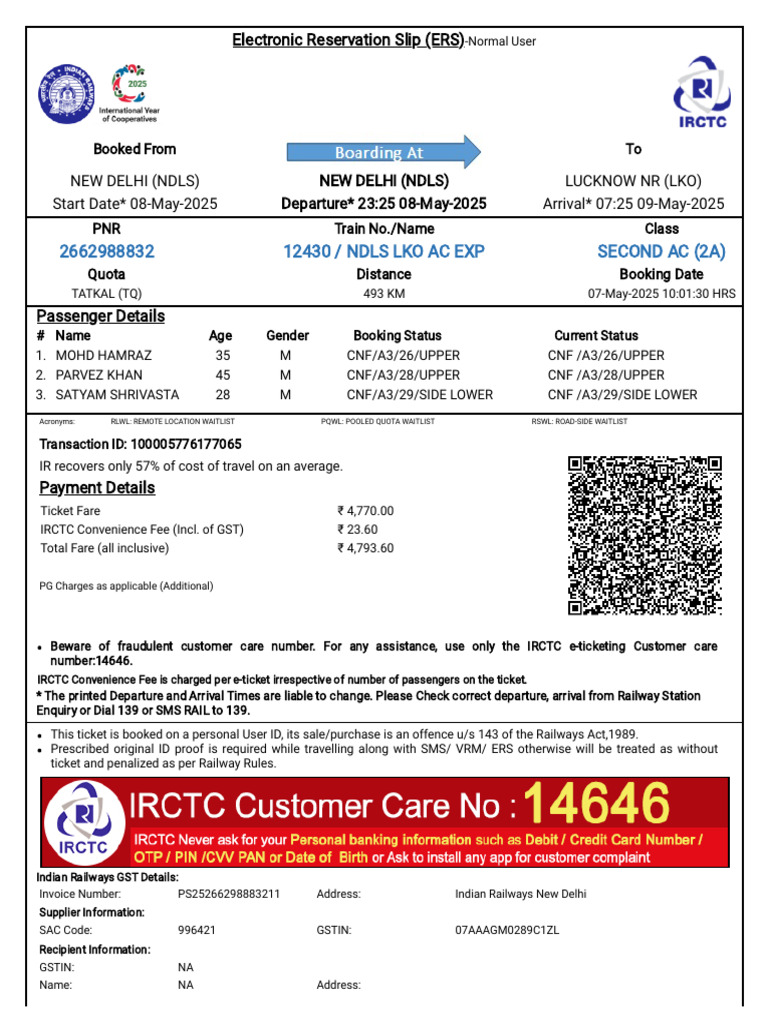 Ndls Lko Ac Exp Second Ac (2A) : Electronic Reservation Slip (ERS) | PDF | Transport