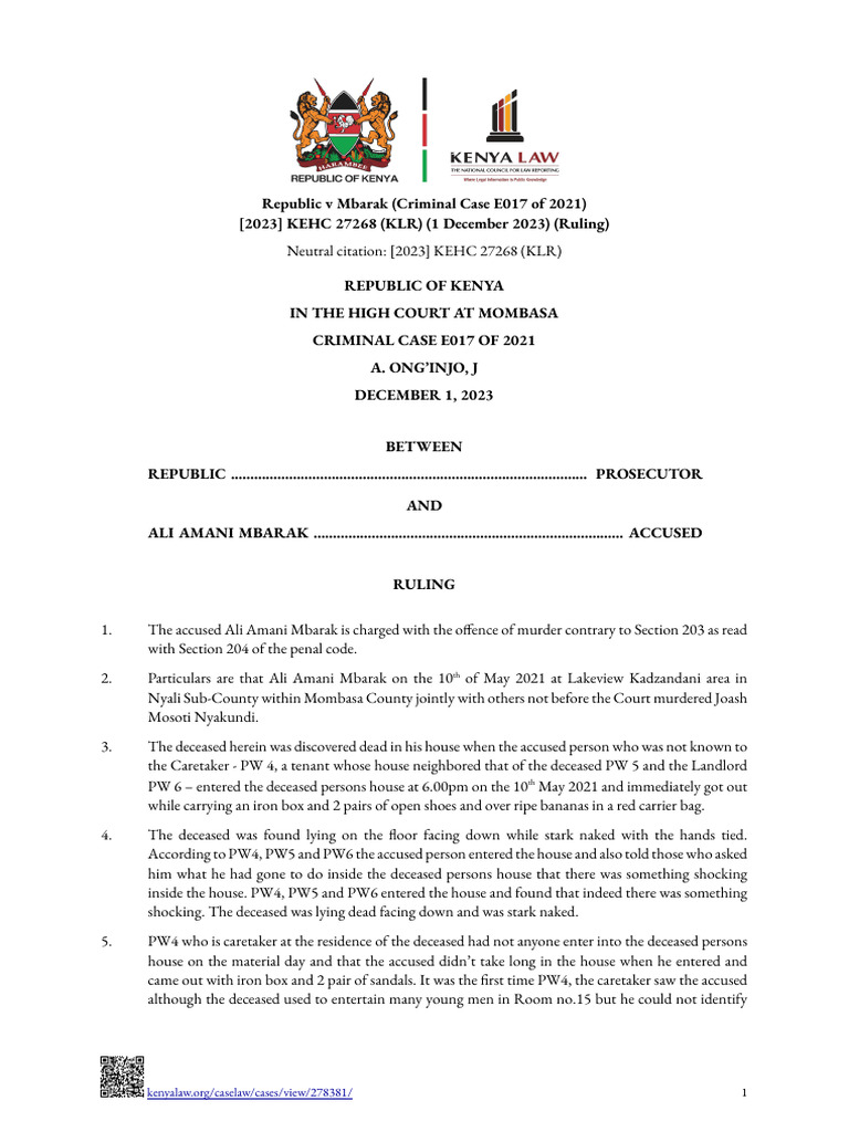 Republic V Mbarak (Criminal Case E017of2021) 2023KEHC27268 (KLR ...