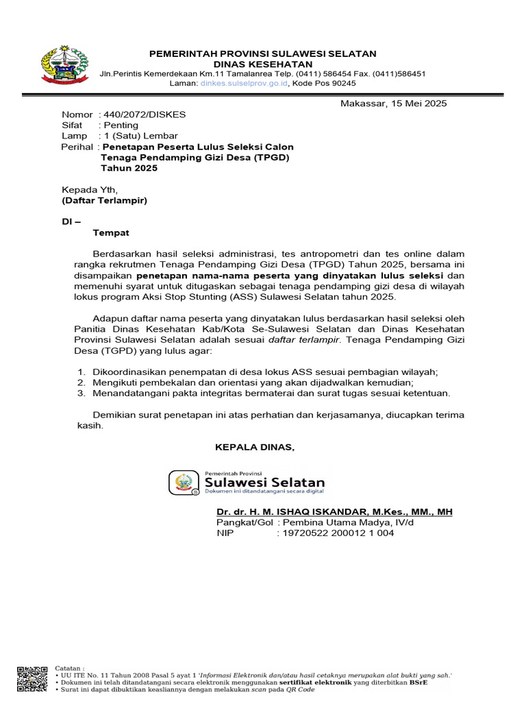 Surat Penetapan TPGD Yang Dinyataka Lulus Seleksi Program ASS Tahun ...