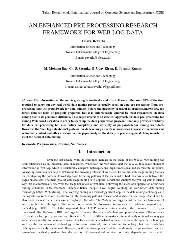 An Enhanced Pre-Processing Research Framework For Web Log Data | PDF | World Wide Web | Internet ...
