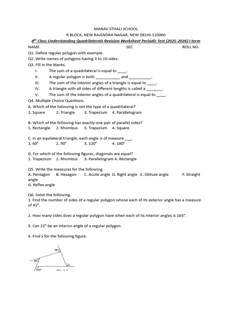 Quadrilaterals and Regular Polygons Worksheet | PDF