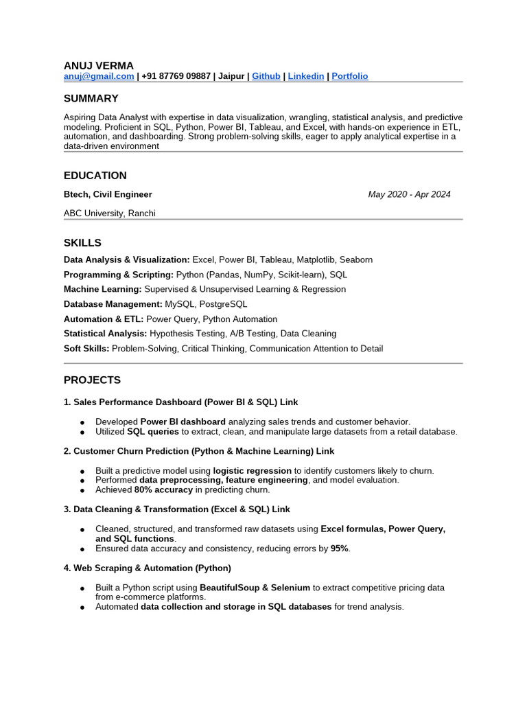 Resume Template Freshers Pdf