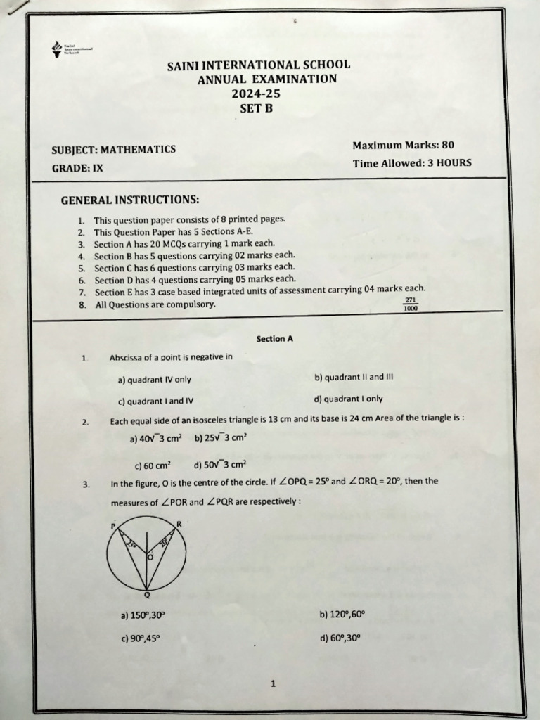 Class IX Maths Question Paper 2025 | PDF | Area | Mathematics