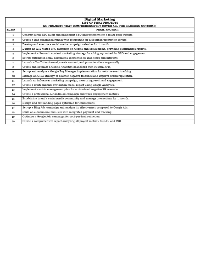 Digital Marketing Project List | PDF