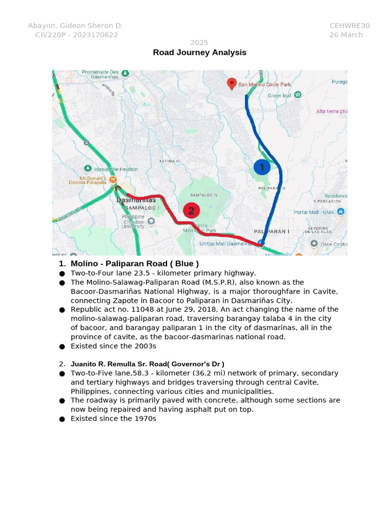 CEHWRE30 - Assignment 01 - Road Journey Analysis - Abayon | PDF