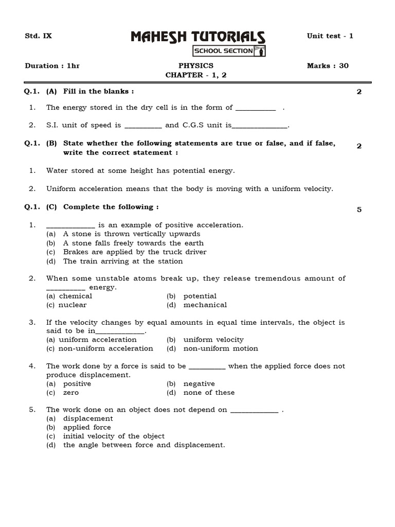 Physics Unit Test: Energy & Motion Concepts | PDF | Velocity ...