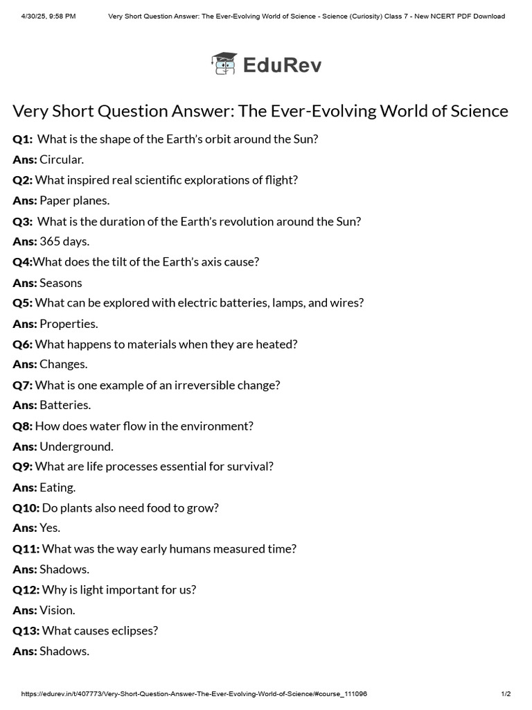 Very Short Question Answer - The Ever-Evolving World of Science ...