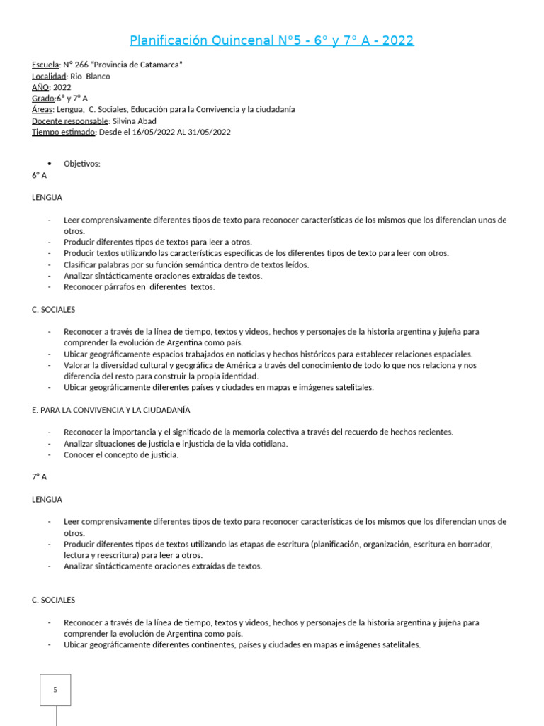 Planificacion Quincenal N°5 - 6 y 7A | PDF