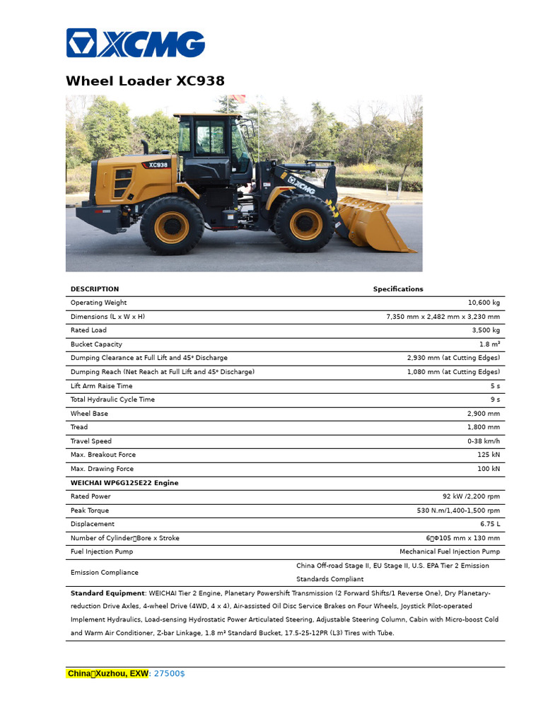 XC938 Wheel Loader Specifications | PDF | Loader (Equipment) | Steering