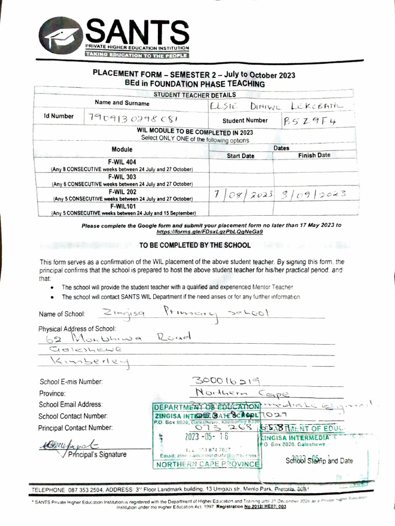 Sants Placement Form | PDF
