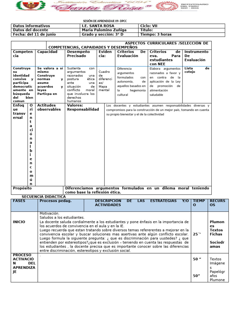 SESION 04 DPCC-3ERO..docx 11 de Junio | PDF | Evaluación | Moralidad