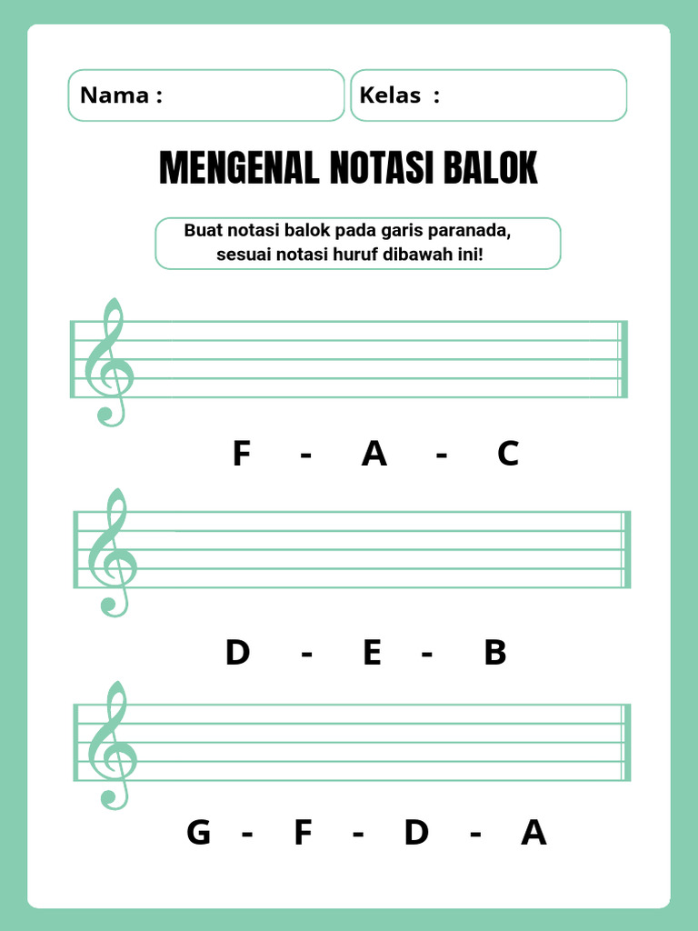 Lembar Kerja Notasi Balok Ilustrasi Putih Hijau | PDF