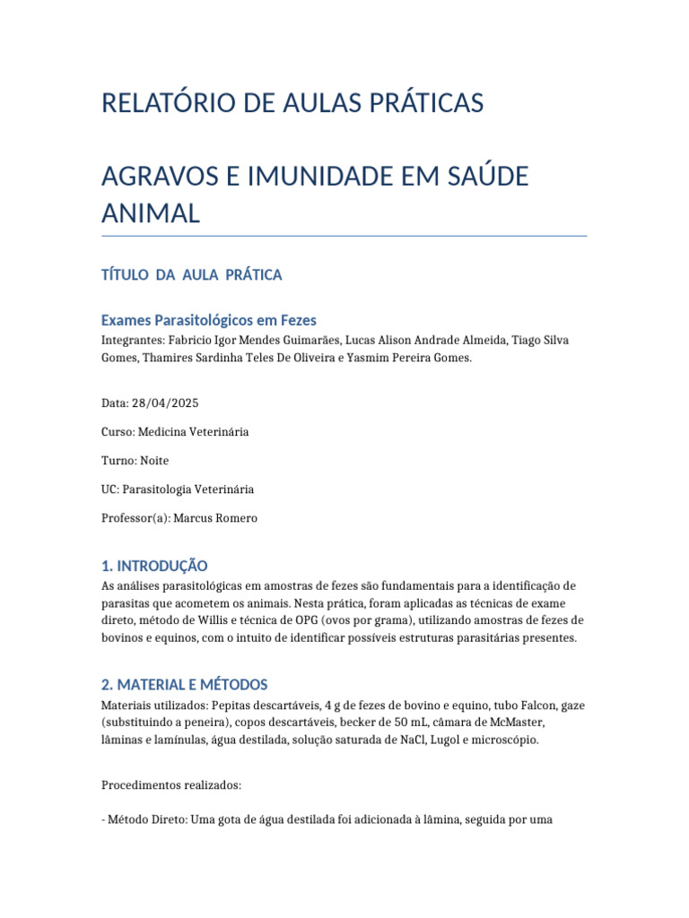 Relatorio_Parasitologia_Modelo2_Formatado | PDF | Parasitismo | Medicina Veterinária