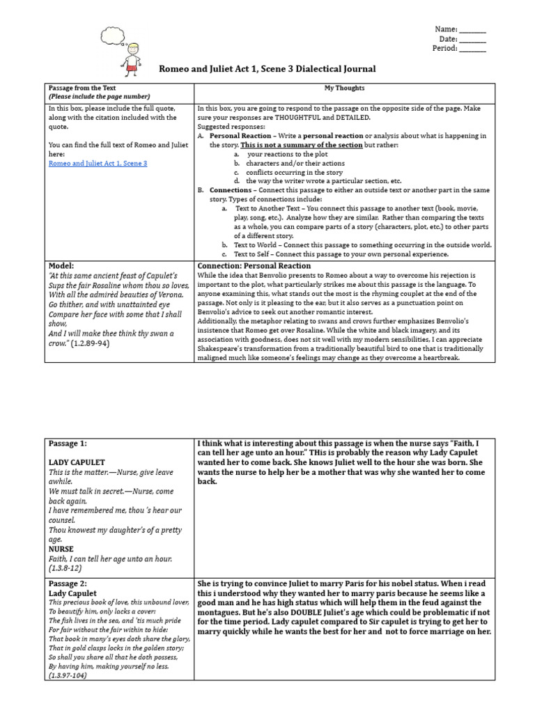 - Romeo and Juliet Act 1, Scene 3 Dialectical Journal OL 24-25 | PDF ...