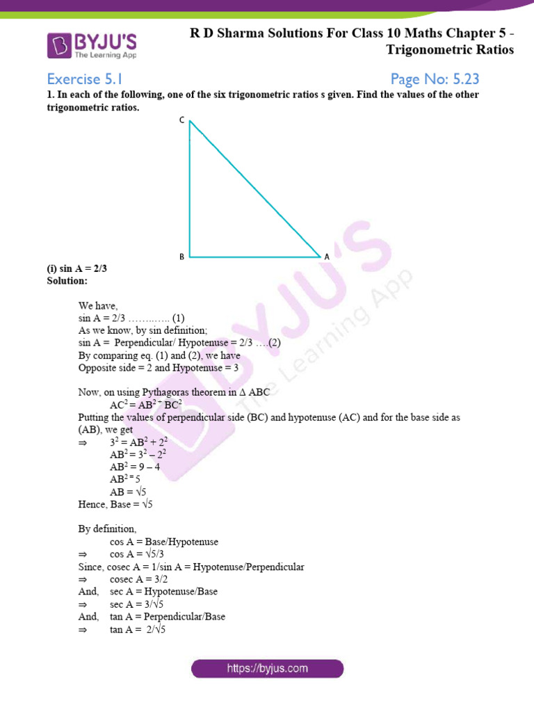 RD Sharma Solutions for Class 10 Chapter 5 Trigonometric Ratios - Rd ...