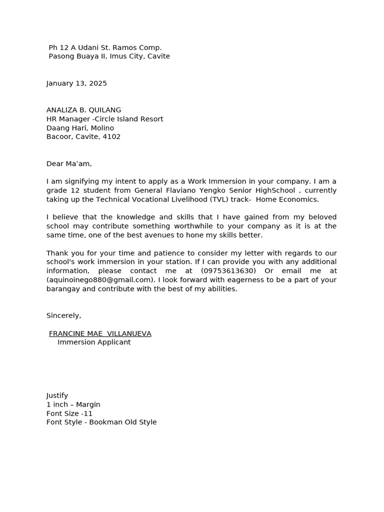 Work Immersion Application Letter | PDF