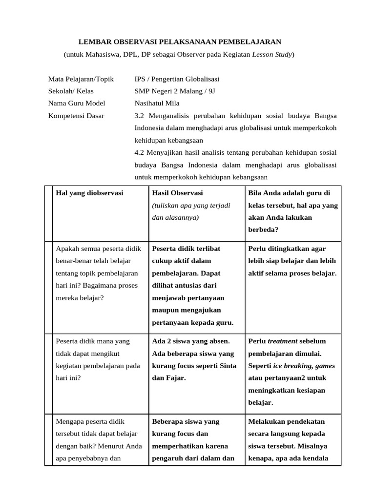 (proses) Lampiran 3 - Format Lembar Observasi Pelaksanaan Pembelajaran untuk Observer (Mahasiswa ...
