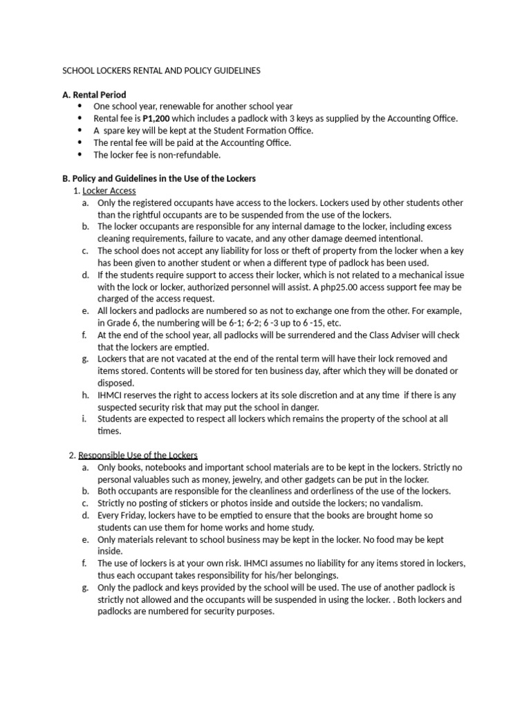 School Locker Rental Policies | PDF | Fee
