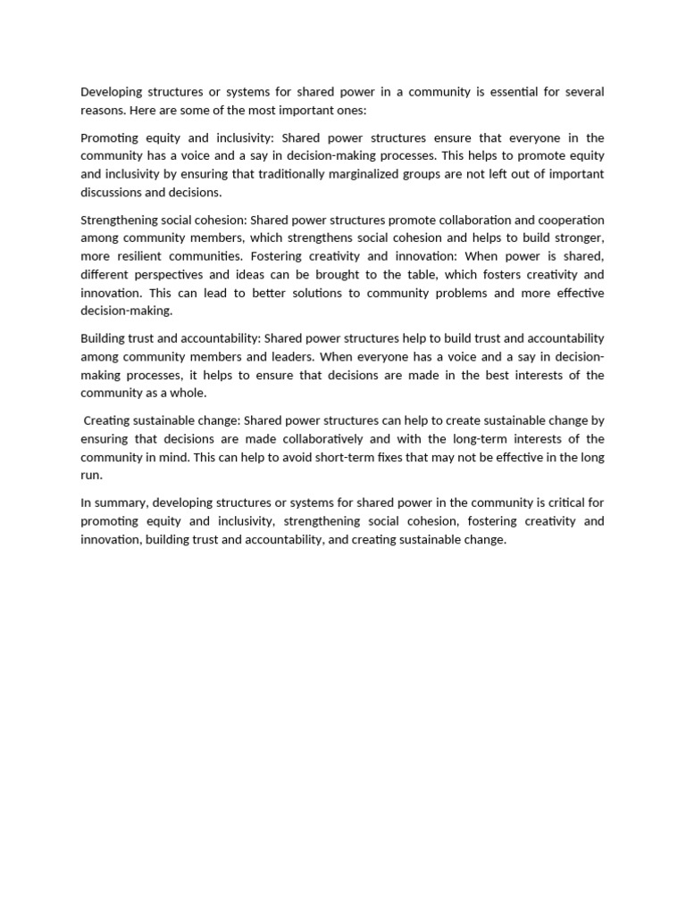 Developing Structures or Systems For Shared Power in A Community Is ...