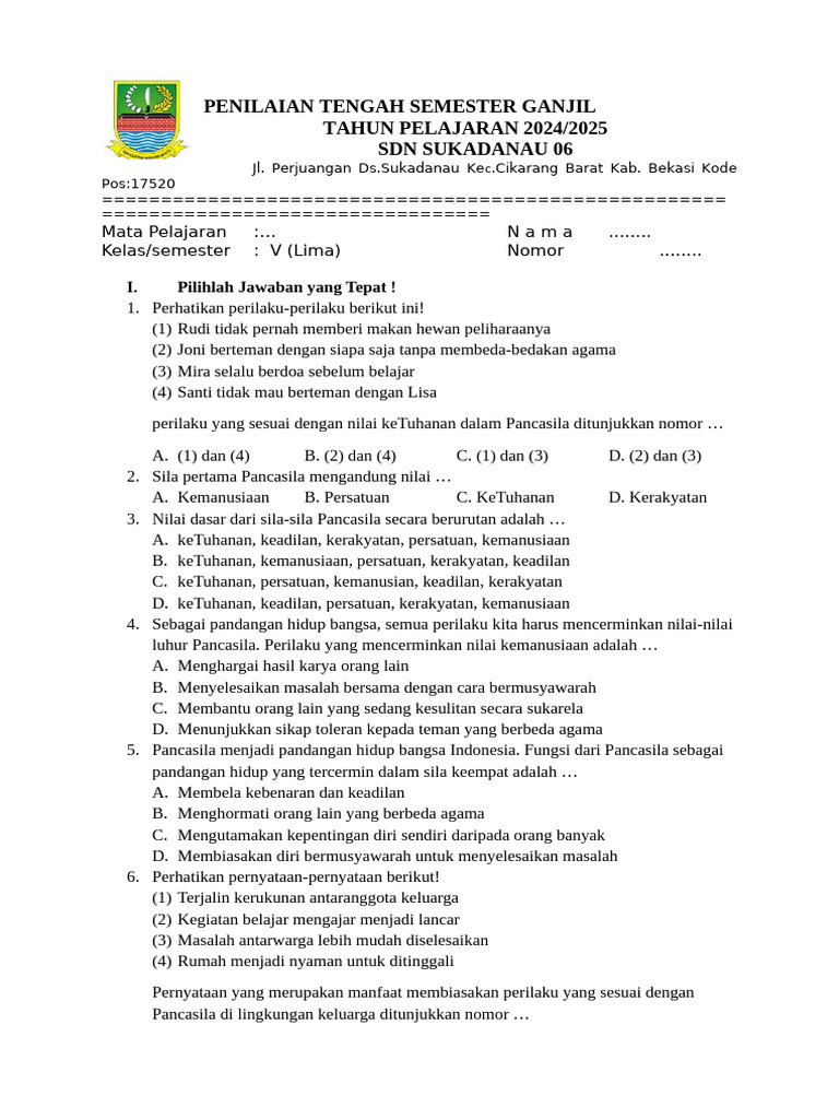 Soal ASTS PKN Kelas 5 | PDF