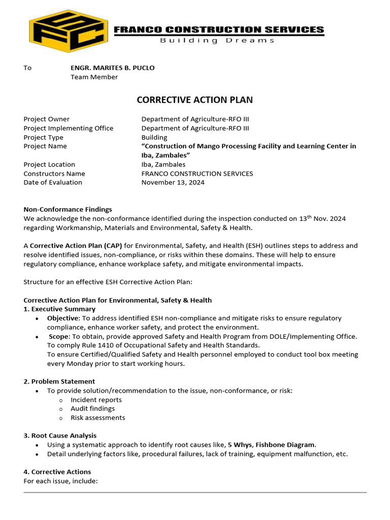 Corrective Preventive Action Plan | PDF | Occupational Safety And ...