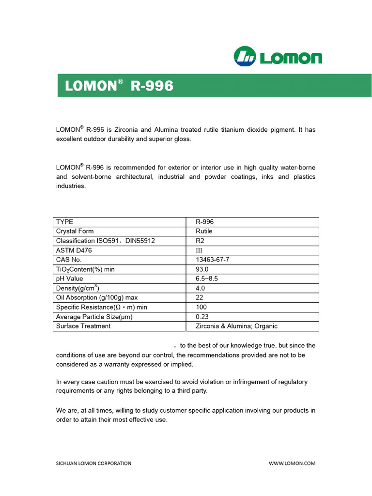 Ficha Tecnica Dioxido de Titanio Lomon R996 | PDF | Titanium Dioxide ...