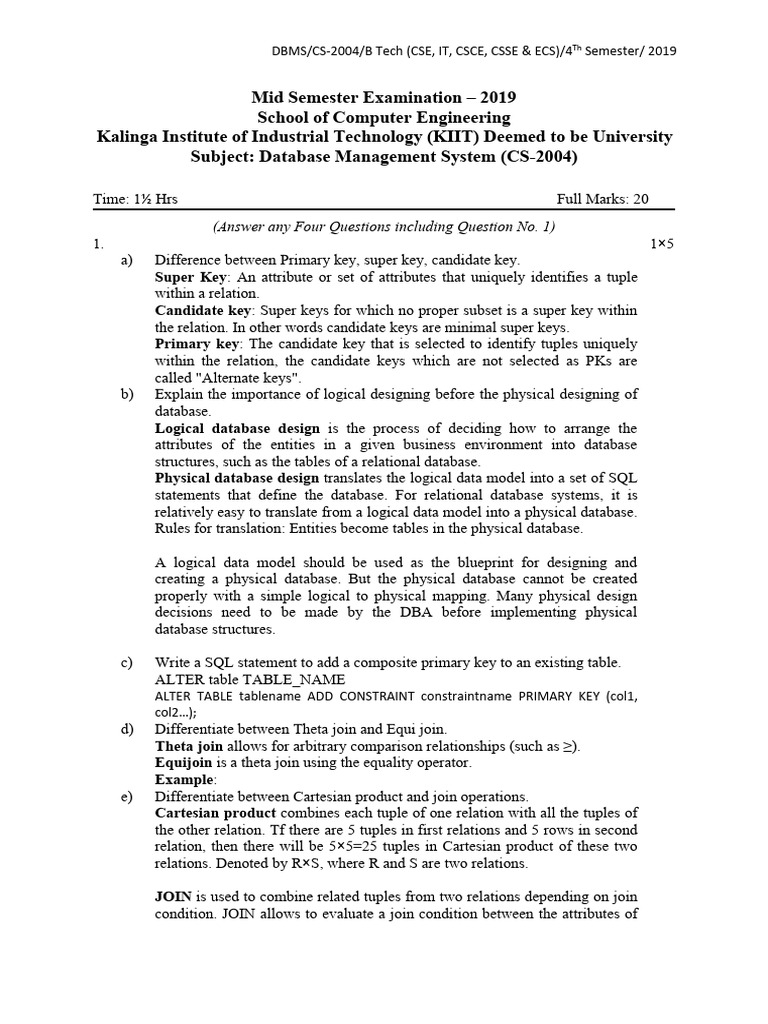 DBMS CS2004 Spring Mid 2019 Solution | PDF | Databases | Relational Database