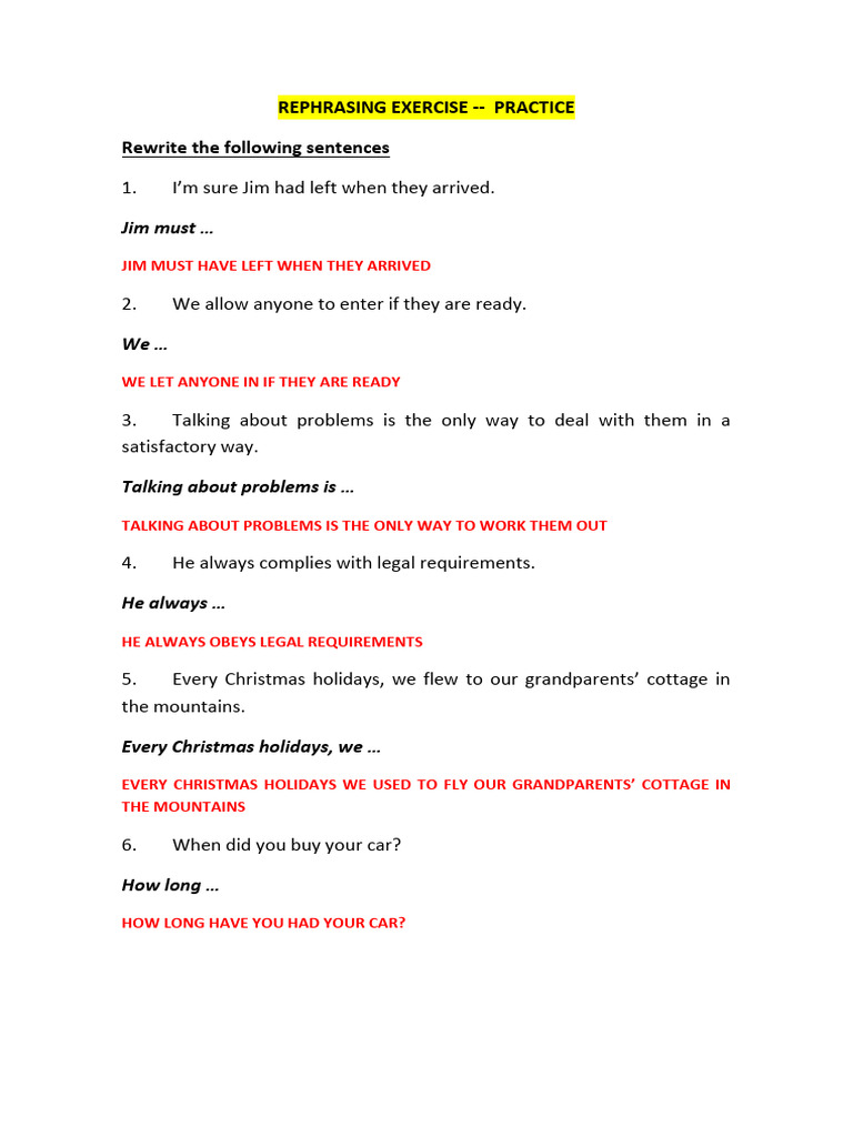 REPHRASING EXERCISE - PRACTICE Key | PDF