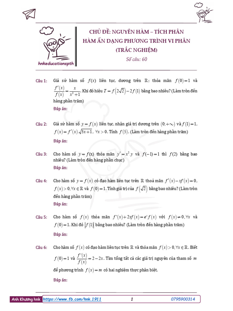 3. NGUYÊN HÀM – TÍCH PHÂN HÀM ẨN DẠNG PHƯƠNG TRÌNH VI PHÂN (TLN) | PDF