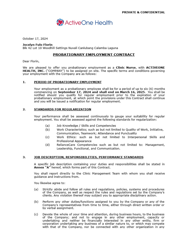 Probationary Employment Contract for Nurse | PDF | Physical Examination ...