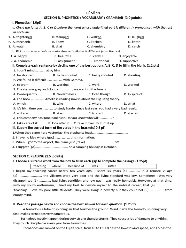Phonetics, Vocabulary, and Grammar Test | PDF | Tornadoes | Wound