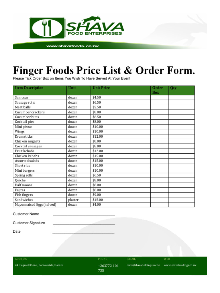 Finger Foods Price List & Order Form | PDF