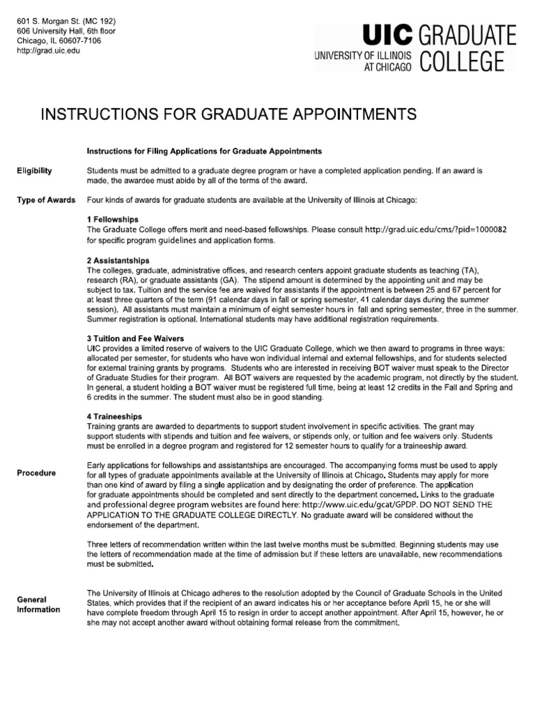 UIC Application For Graduate Appointment | PDF