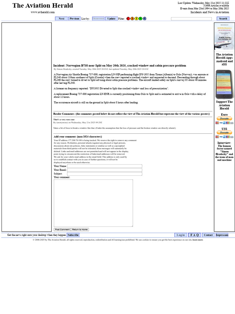 Incident - Norwegian B738 Near Split On May 20th 2025, Cracked Window and Cabin Pressure Problem ...