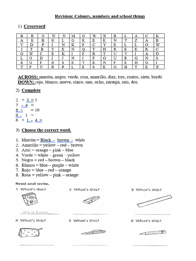 Colours, Numbers and School things-REVISION | PDF